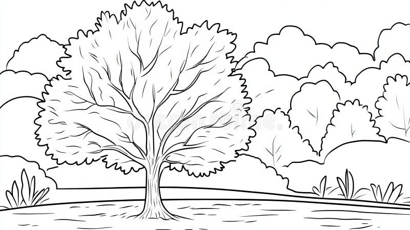 Large Deciduous Tree in the Forest with Lush Foliage, Line Art ...