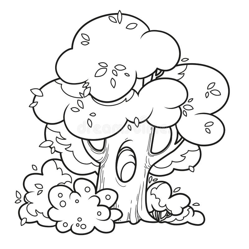 Large Deciduous Tree with a Hollow and in the Bushes Linear Drawing for ...
