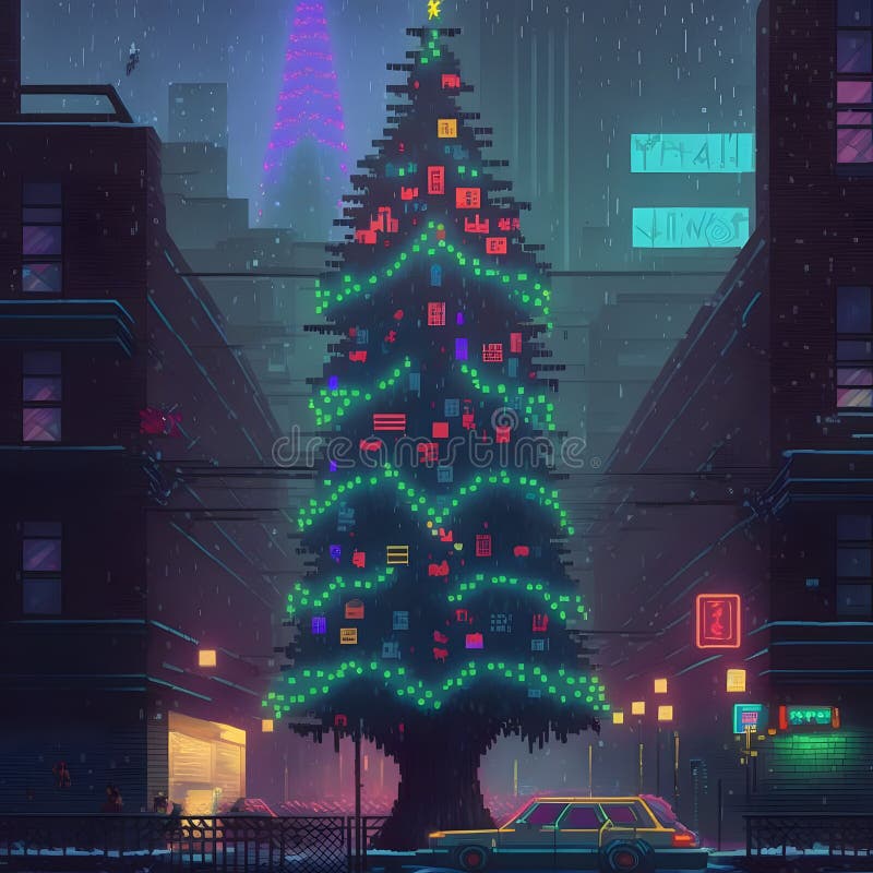 Large Decorated Christmas Tree in City, Pixel Art, Neural Network ...