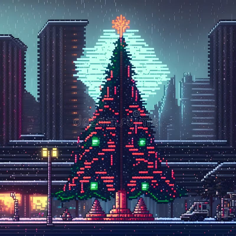 Large Decorated Christmas Tree in City, Pixel Art, Neural Network ...