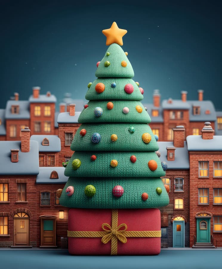 Large Decorated Christmas Tree with Wrapped Presents in a Snowy Town ...
