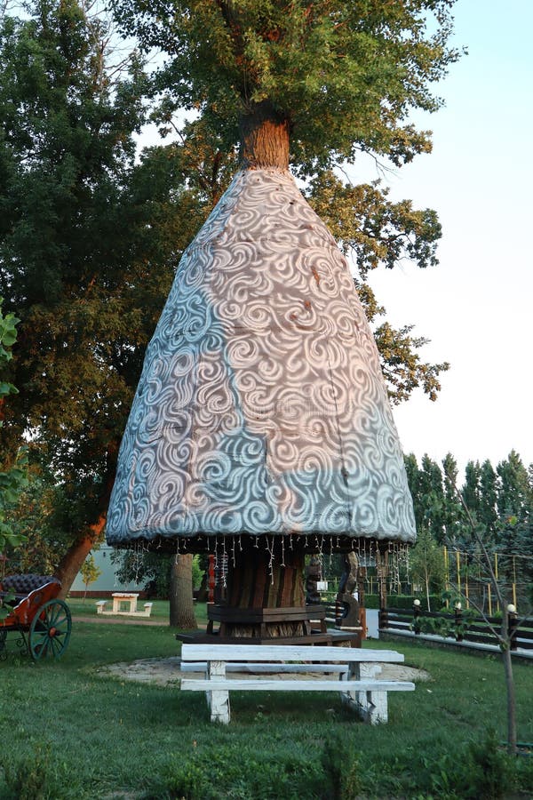 A Large Decorative Canopy in the Shape of a Mushroom is Made on a Tree ...