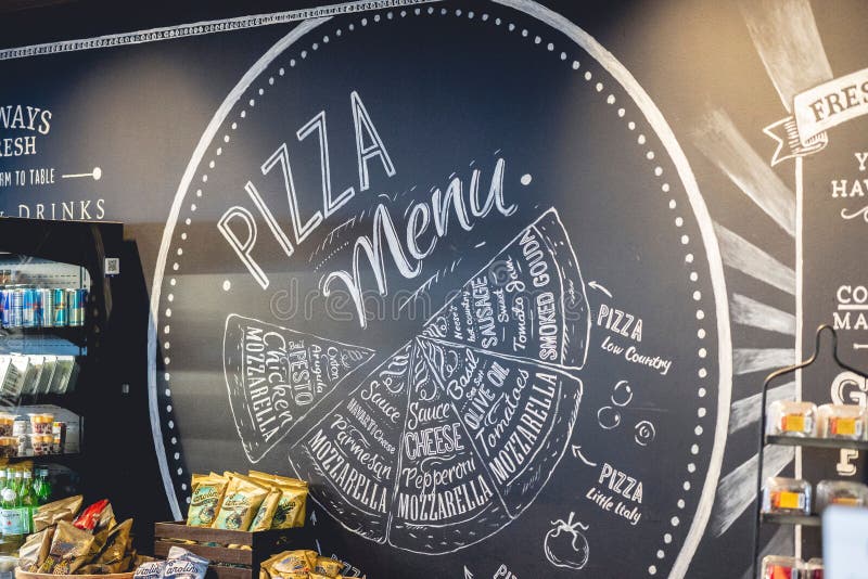 Large Decorative Wall Design at a Restaurant with the Pizza Menu Stock ...