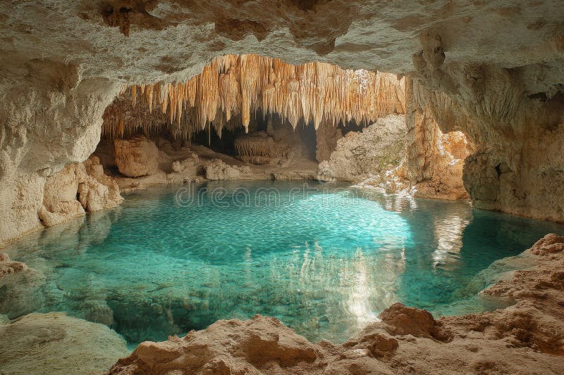 A Large, Deep Blue Pool is Surrounded by Rocks and Stalactites Stock ...