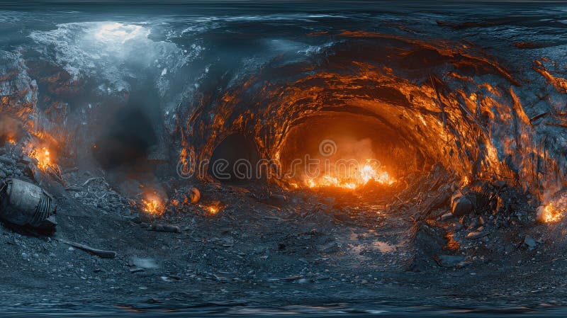A Large, Deep, Dark Cave with a Lot of Fire and Smoke Stock Photo ...
