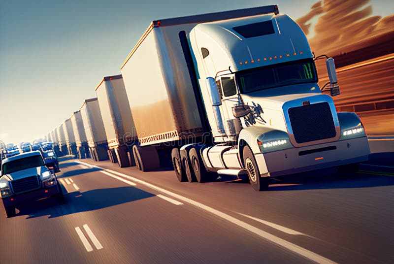 Line of Delivery Semi Trucks Rushing Down the Highway - Generative AI ...