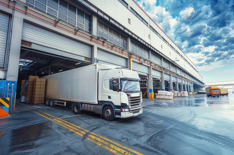 Workers Loading Boxes Delivery Vehicle Warehouse Setting Stock Photos ...