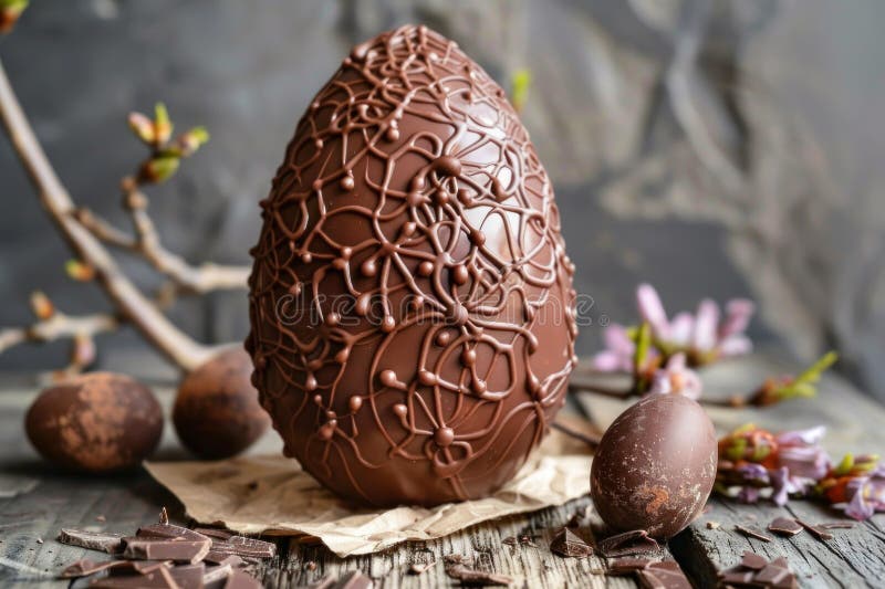 Large Detailed Chocolate Easter Egg Sitting on Rustic Wood with Spring ...