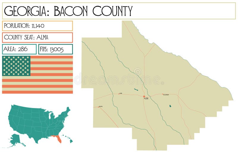 Large and Detailed Map of Bacon County in Georgia Stock Vector ...