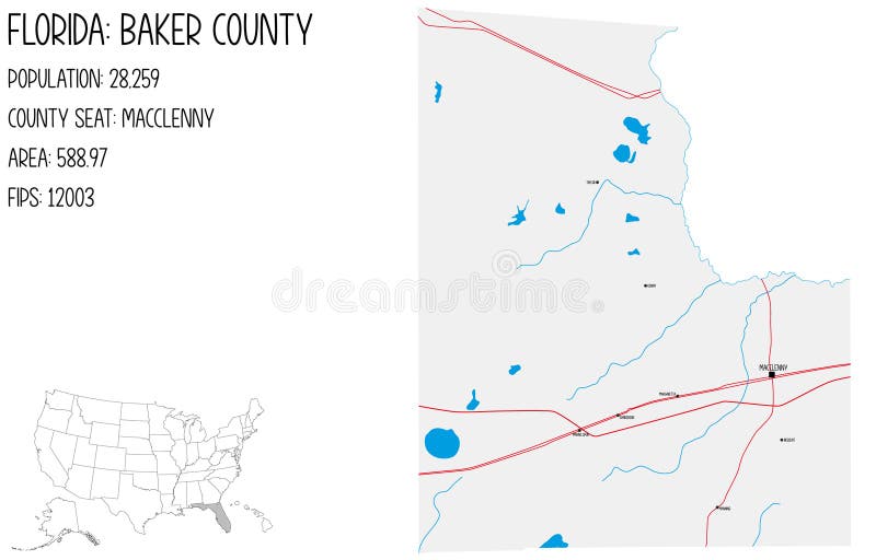 Map of Baker County in Florida, USA Stock Vector - Illustration of city ...