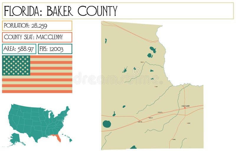 Large and Detailed Map of Baker County in Florida Stock Vector ...