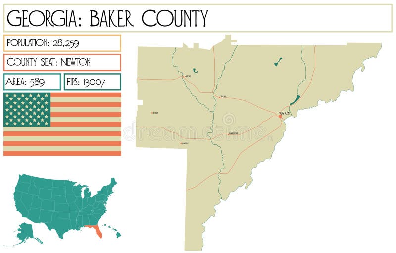 Large and Detailed Map of Baker County in Georgia Stock Vector ...