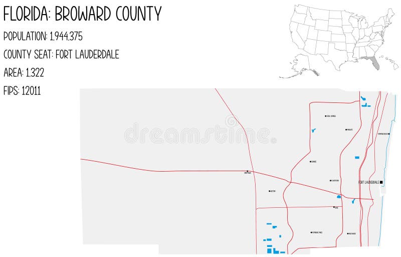Map of Broward County in Florida Stock Vector - Illustration of lakes ...