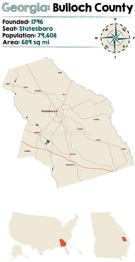 Map of Bulloch County in Georgia Stock Vector - Illustration of ... Map of Bulloch County in Georgia Stock Vector - Illustration of ...