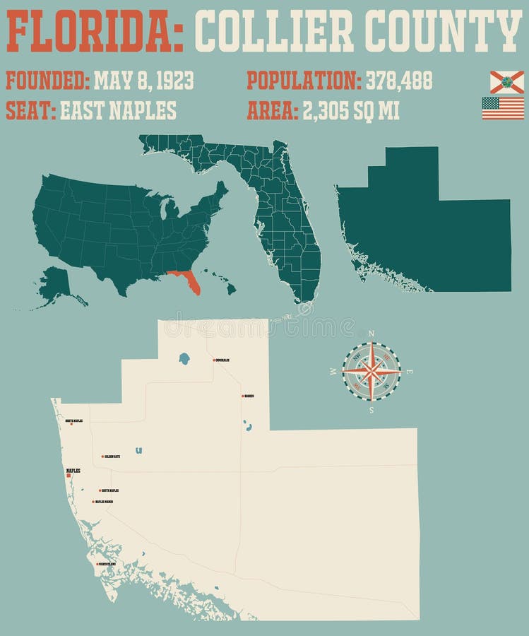 Map of Collier County in Florida Stock Vector - Illustration of lakes ...