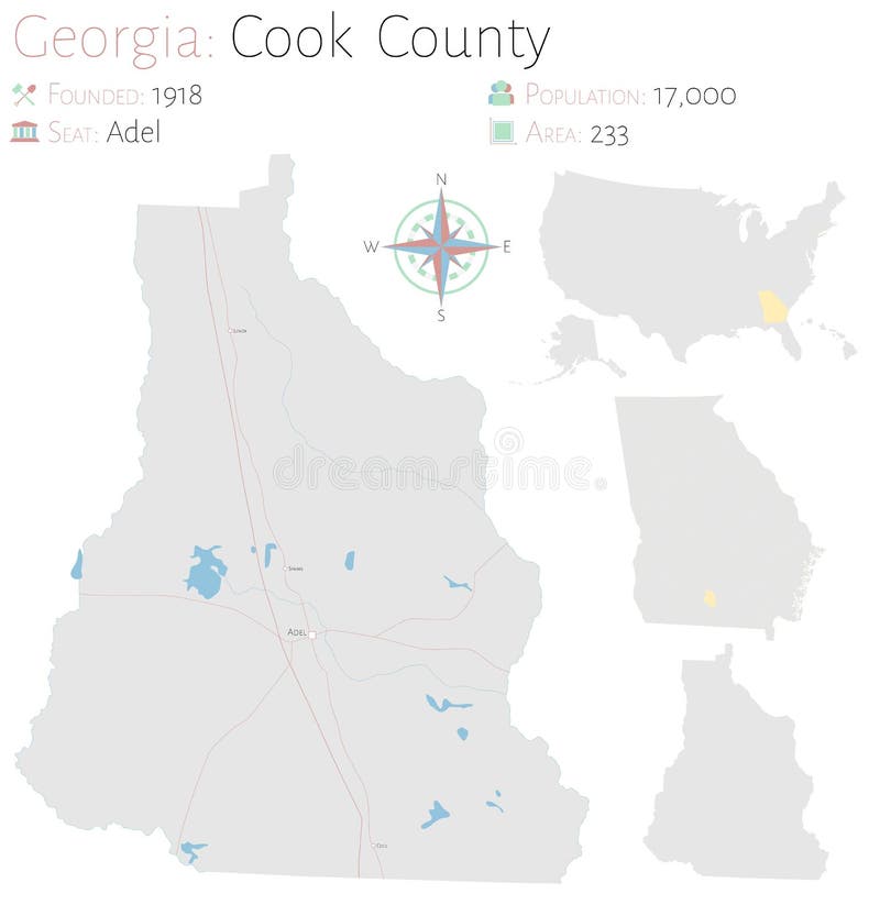 Map of Cook County in Georgia Stock Vector - Illustration of rivers ...