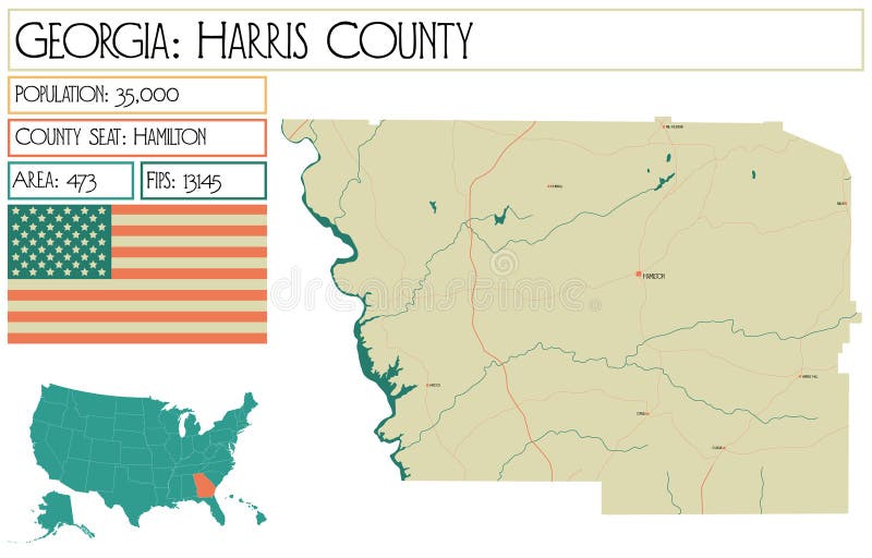 Large and Detailed Map of Harris County in Georgia Stock Illustration ...