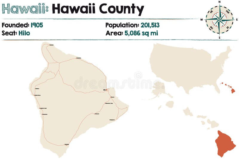 Map of Hawaii County in Hawaii Stock Vector - Illustration of roads ...