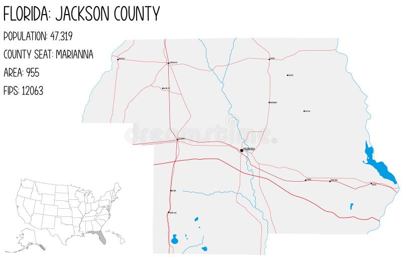 Large and Detailed Map of Jackson County in Florida Stock Vector - Illustration of lakes, county ...