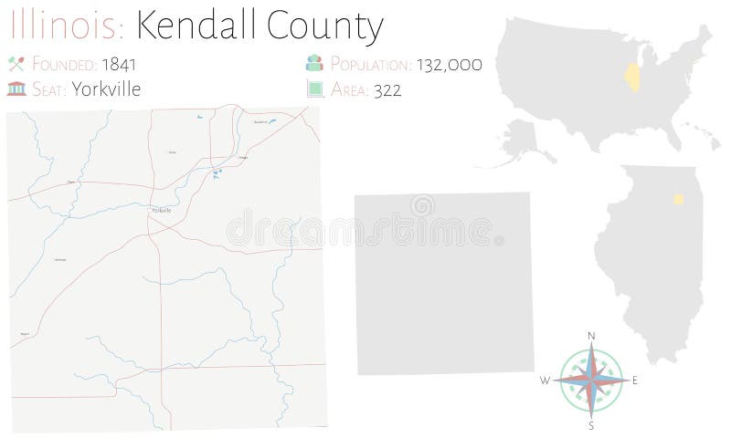 Map of Kendall County in Illinois Stock Vector - Illustration of seat ...