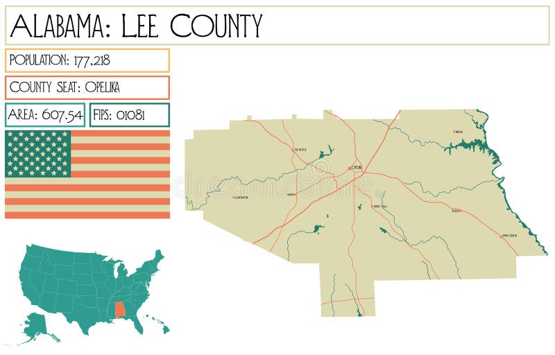 Map of Lee County in Alabama, USA. Stock Vector - Illustration of ...