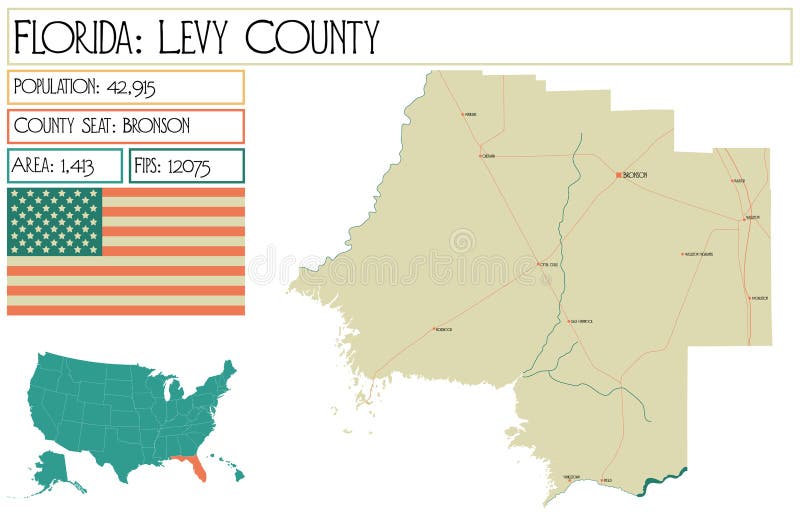 Large and Detailed Map of Levy County in Florida Stock Vector - Illustration of vector, seat ...