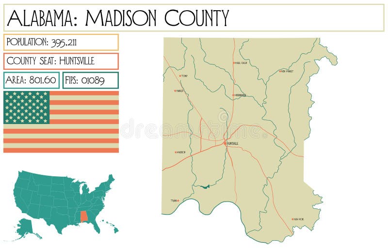 Map of Madison County in Alabama, USA. Stock Vector - Illustration of ...