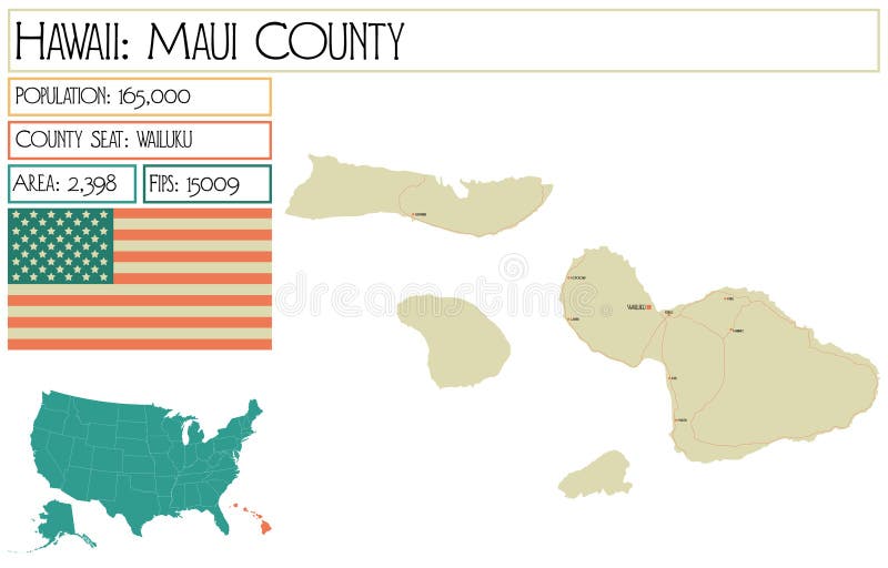 Large and Detailed Map of Maui County in Hawaii Stock Illustration ...