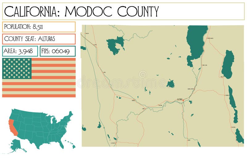 Large and Detailed Map of Modoc County Stock Illustration ...