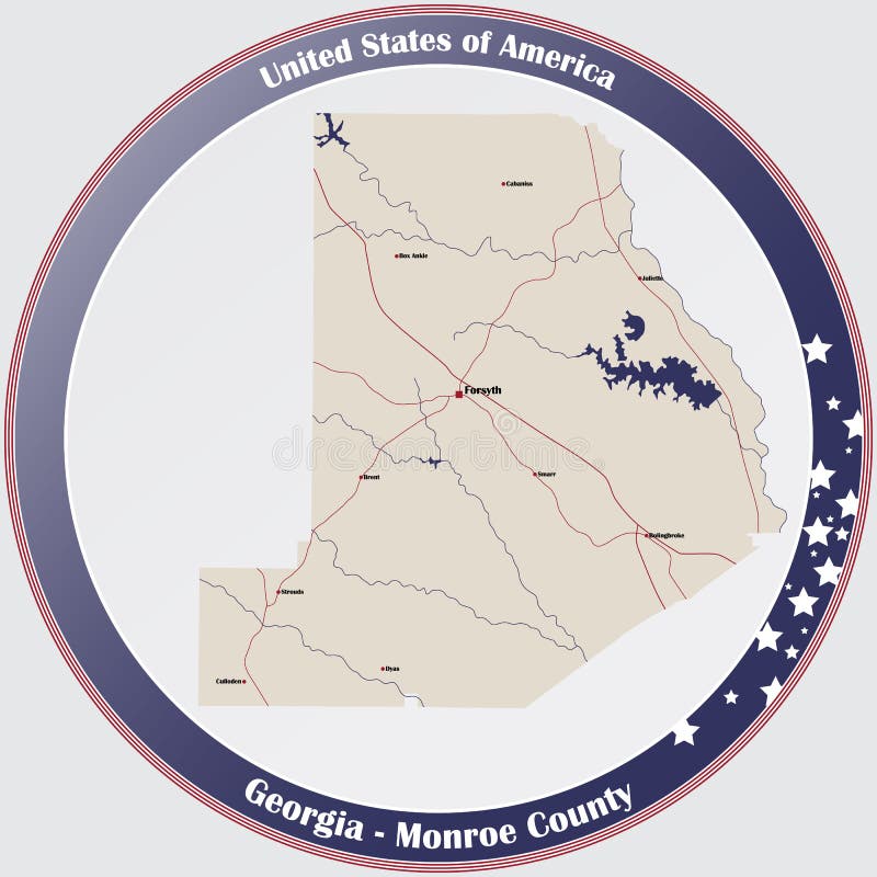 Map of Monroe County in Georgia Stock Vector - Illustration of lakes ...