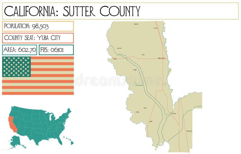 Detailed Map of Sutter County in California USA Stock Illustration ...