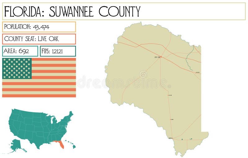 Large and Detailed Map of Suwannee County in Florida Stock Illustration ...