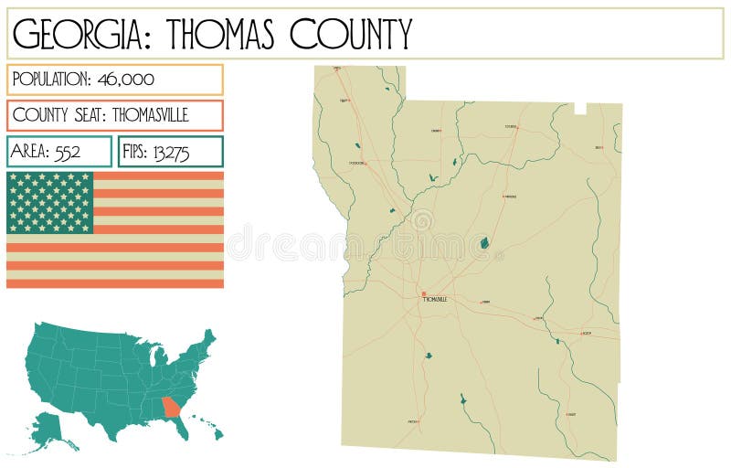 Large and Detailed Map of Thomas County in Georgia Stock Illustration ...