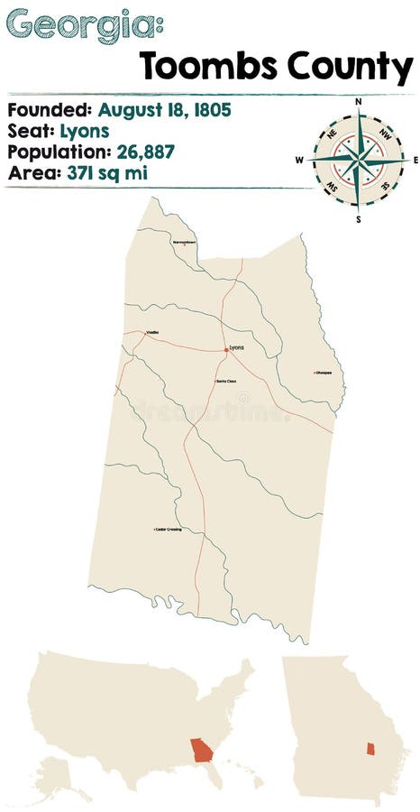 Map of Toombs County in Georgia Stock Vector - Illustration of road ...