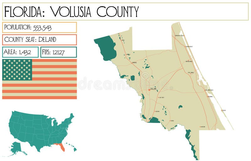Large and Detailed Map of Volusia County in Florida Stock Vector ...