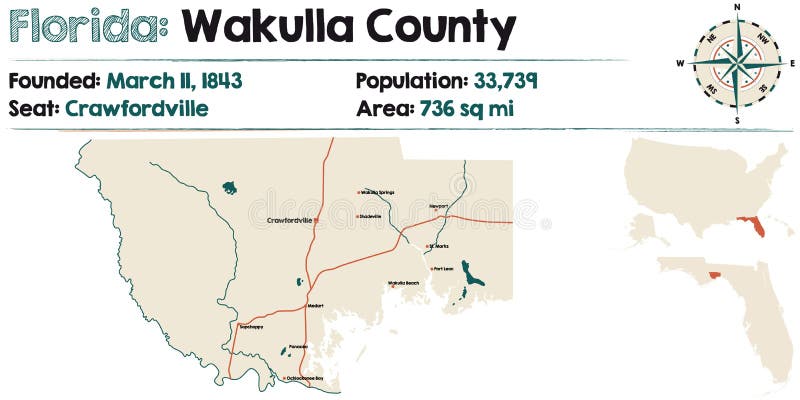 Map of Wakulla County in Florida Stock Vector - Illustration of ...