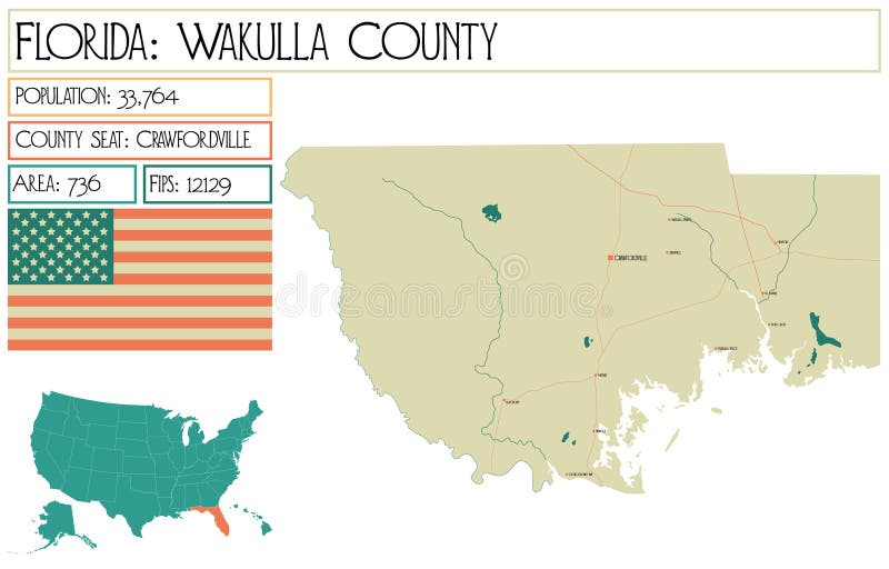 Large and Detailed Map of Wakulla County in Florida Stock Vector ...