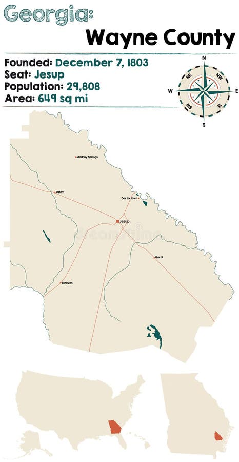 Map of Wayne County in Georgia Stock Vector - Illustration of education ...