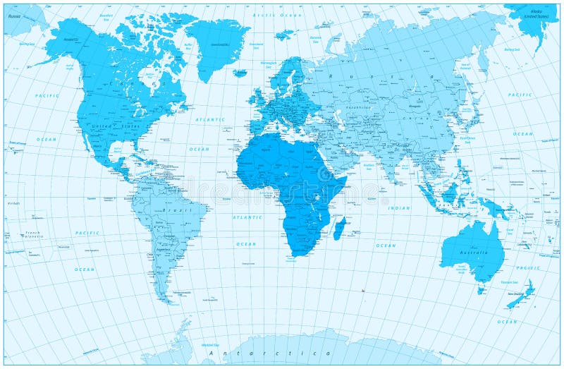 Large Detailed World Map and Continents in Colors of Blue Stock Vector ...