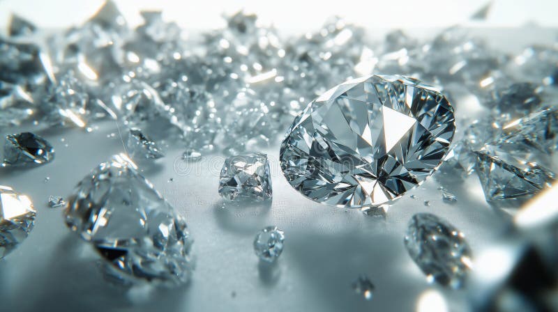 Large Diamonds Sparkling on Reflective Surface with Scattered Diamond ...