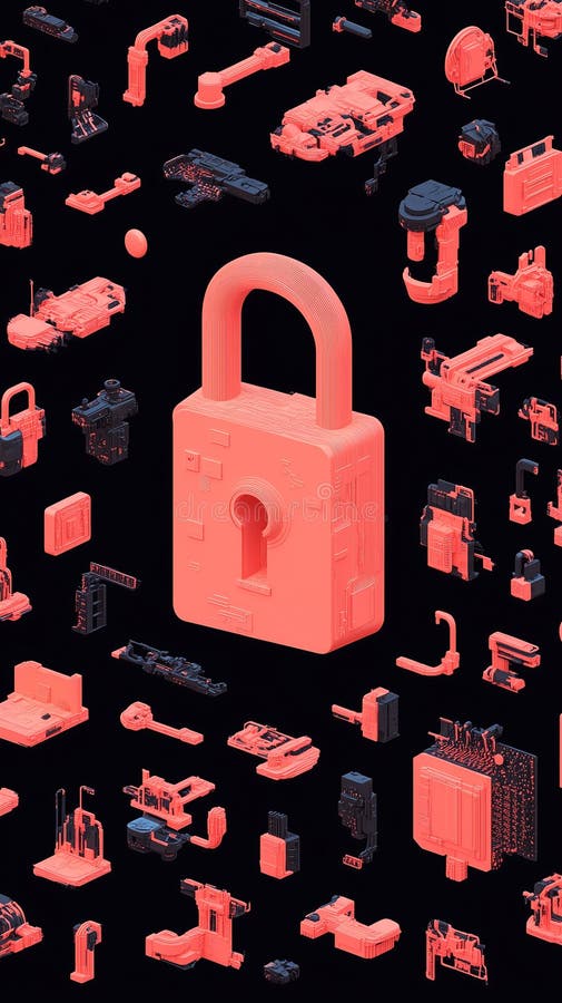 Large Digital Lock Surrounded by Small Tech Components on a Dark ...
