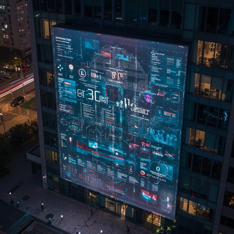 Large Digital Screen on a Building Facade Displaying a High-tech ...