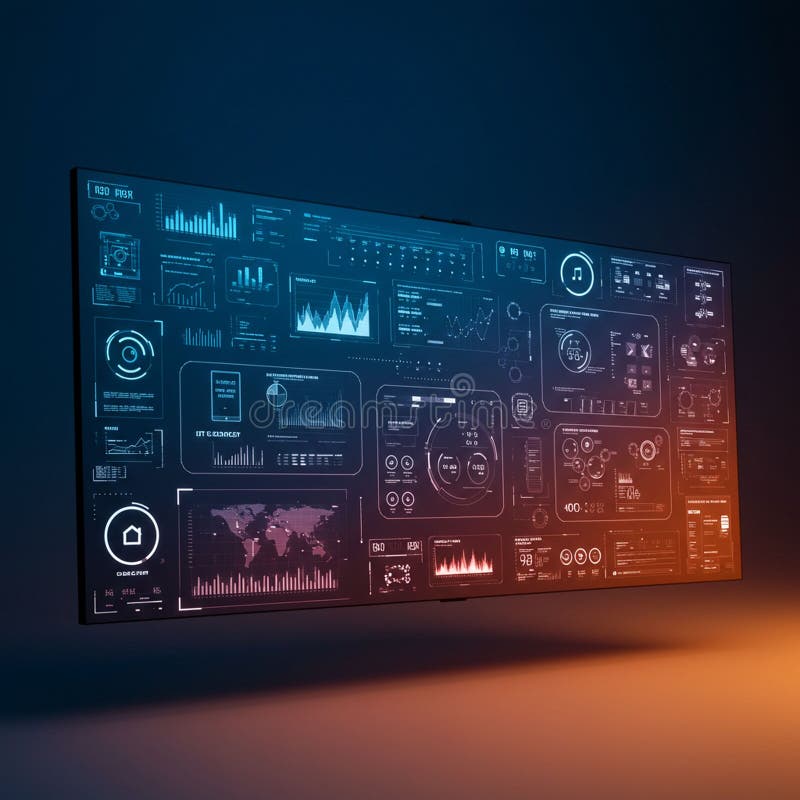 Large Digital Screen Displaying Various Data Visualizations and User Interface Stock ...