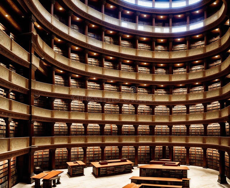 A Large, Dimly Lit Library with Rows of Bookshelves Stretching Up To ...