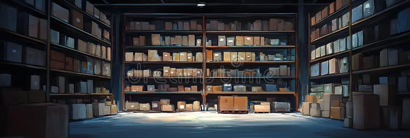 Large Dimly Lit Warehouse with Shelves of Boxes Stock Illustration ...