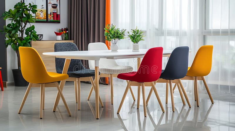 A Large Dining Table with a Variety of Chairs Around it Stock Image ...
