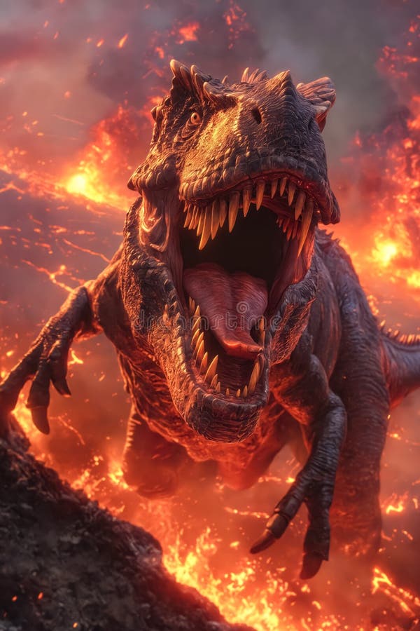 A Large Dinosaur with Its Mouth Open in Front of a Fire. Generative AI ...