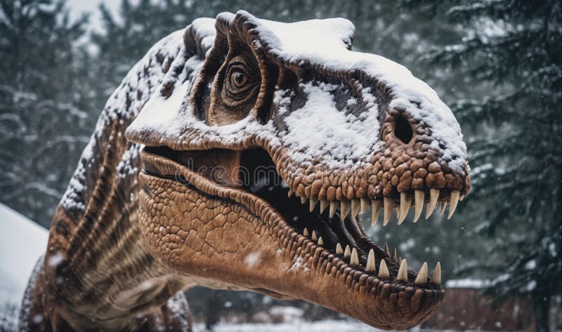 A Large Dinosaur Statue Stands in a Snowy Forest Stock Photo - Image of ...