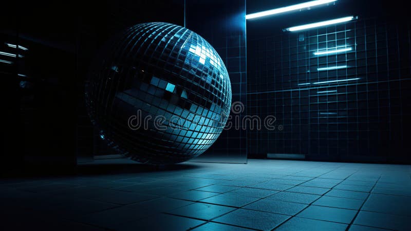 Large Disco Ball Reflecting Blue Light in a Dark Hall for Discos. Disco ...