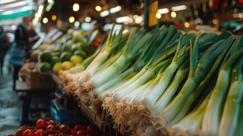 A Large Display of Green Onions and Tomatoes Stock Photo - Image of ...